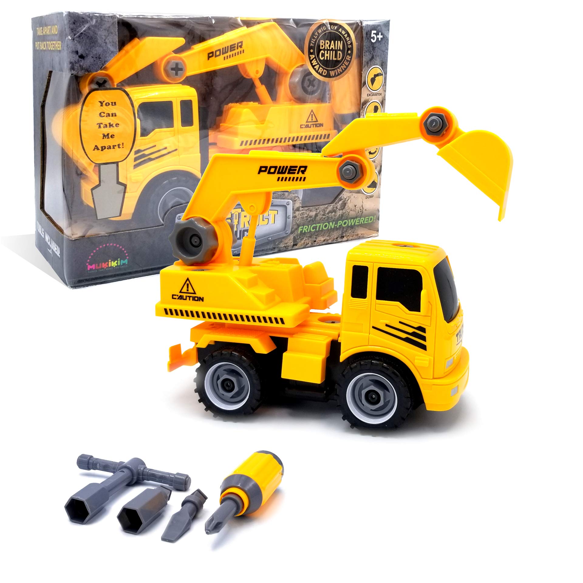 MUKIKIM Construct A Truck - Excavator. Take it Apart & Put it Back Together + Friction Powered(2-Toys-in-1!) Awesome Award Winning Toy That Encourages Creativity! …