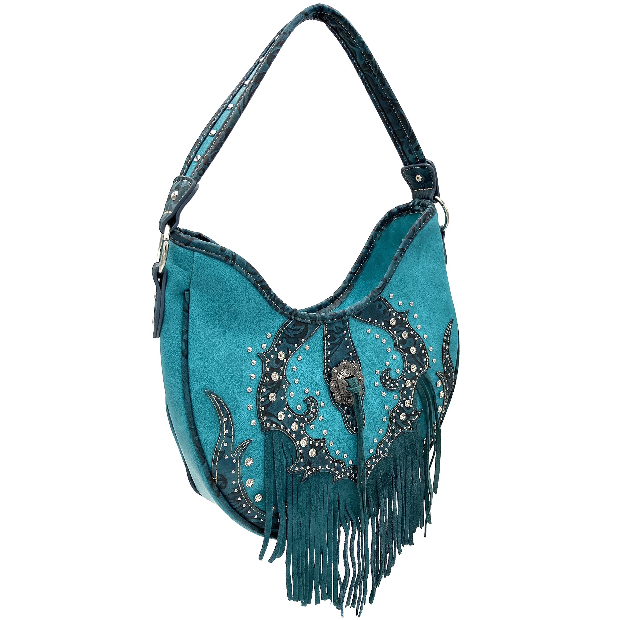 Justin West Floral Embroidery Rhinestone Turquoise Concho Buckle Leather Fringe Shoulder Concealed Carry Handbag Purse Wallet (Turquoise Handbag and Wallet)