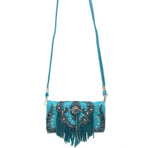 Justin West Floral Embroidery Rhinestone Turquoise Concho Buckle Leather Fringe Shoulder Concealed Carry Handbag Purse Wallet (Turquoise Handbag and Wallet)