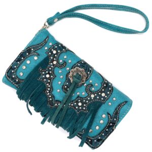 Justin West Floral Embroidery Rhinestone Turquoise Concho Buckle Leather Fringe Shoulder Concealed Carry Handbag Purse Wallet (Turquoise Handbag and Wallet)