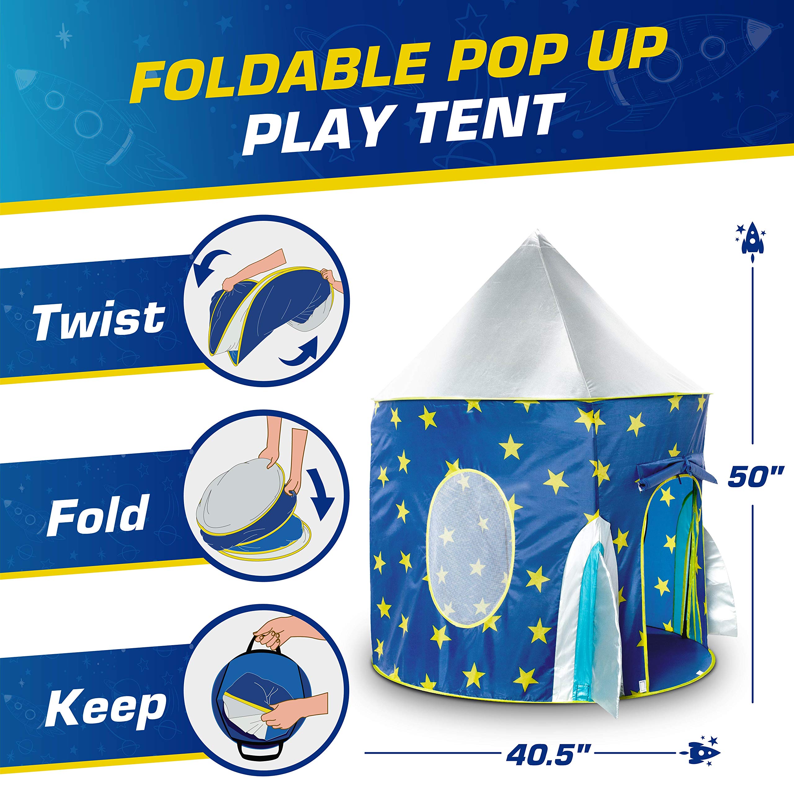 USA Toyz Rocket Ship Pop Up Kids Tent - Spaceship Rocket Indoor Playhouse Tent for Boys and Girls with Included Space Projector Toy and Kids Tent Storage Carry Bag