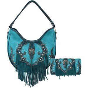 justin west floral embroidery rhinestone turquoise concho buckle leather fringe shoulder concealed carry handbag purse wallet (turquoise handbag and wallet)