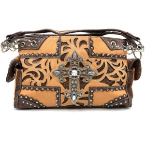 justin west tooled western leather laser cut rhinestone cross shaped studded shoulder concealed carry handbag purse (tan)