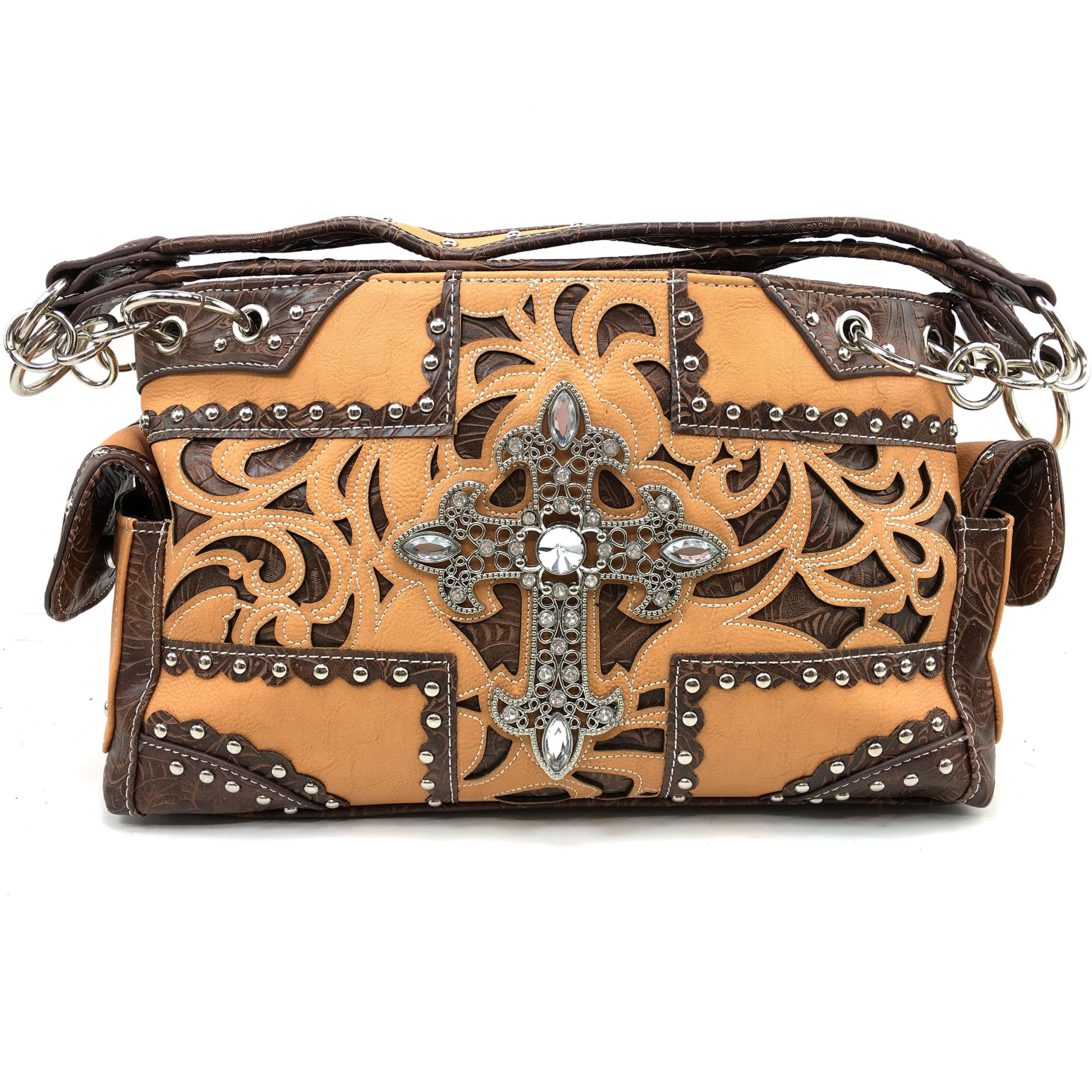 Justin West Tooled Western Leather Laser Cut Rhinestone Cross Shaped Studded Shoulder Concealed Carry Handbag Purse (Tan)