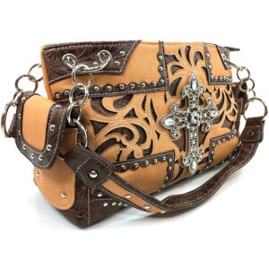 Justin West Tooled Western Leather Laser Cut Rhinestone Cross Shaped Studded Shoulder Concealed Carry Handbag Purse (Tan)