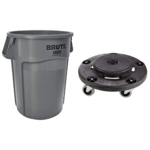 rubbermaid commercial brute trash can with dolly (vented, 32 gallon, gray, fg263200gray and 264000)