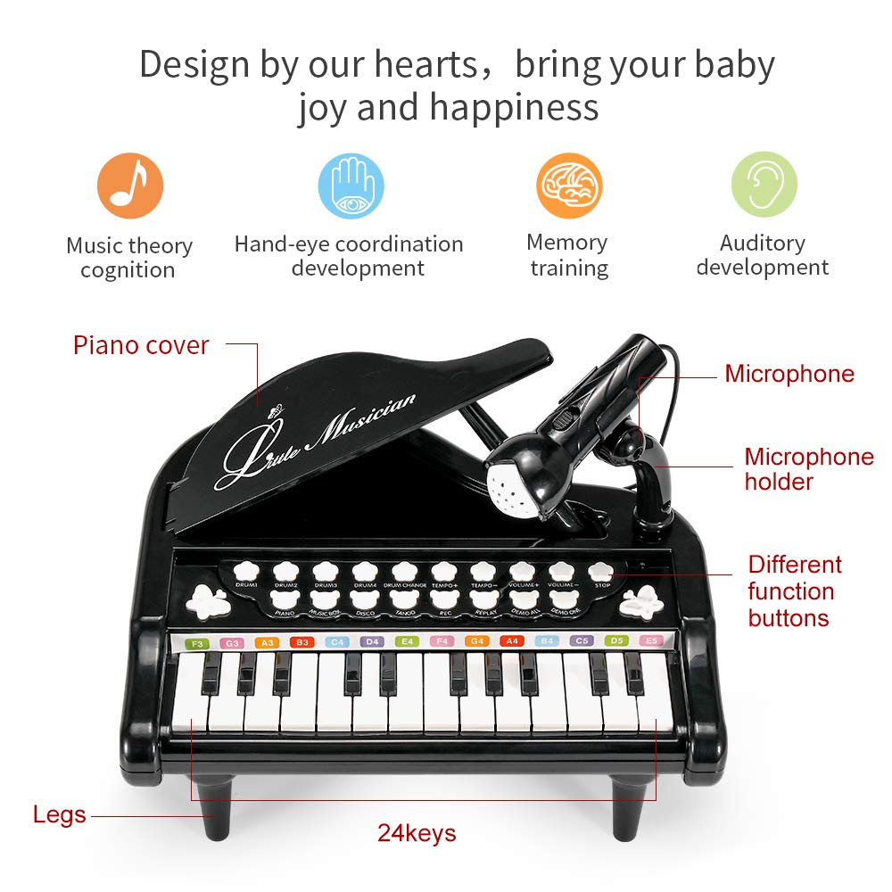 31 Keys,Kids Grand Piano Keyboard Toy for Beginners,3 4 5 6 Years Old Toddler Girl Boy First Birthday Gift,Musical Instrument,w/Microphone,Multiple Sounds,Note Stickers,Recordings,Connecting MP3,Black