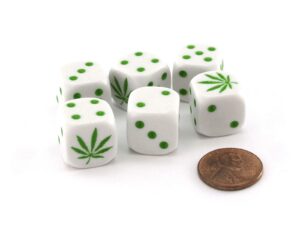 pack of 6 marijuana hemp weed 16mm dice set - white with green etches