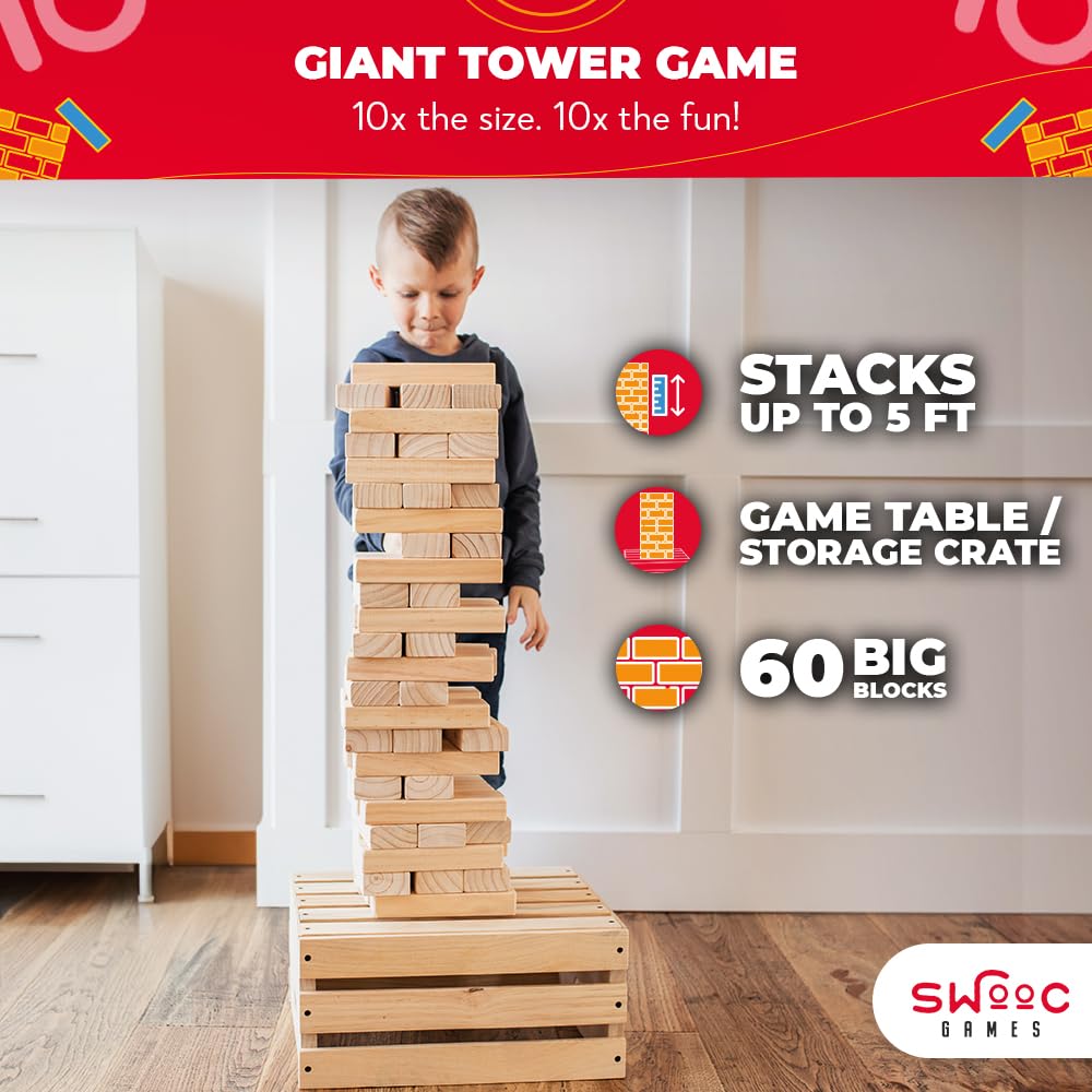 SWOOC Games - Giant Tower Game | 60 Large Blocks | Storage Crate/Outdoor Game Table | Starts Over 2.5ft Big | Max Height of 5ft | Genuine Jumbo Toppling Yard Games | Jumbo Backyard Set