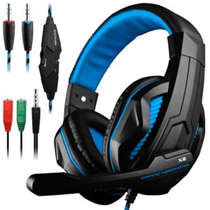 gaming headset,3.5mm wired bass stereo noise isolation gaming headphones with mic for laptop computer, cellphone, volume control (black and blue)