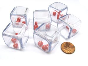 koplow games pack of 6 '3 in a cube' dice - three 5mm red tiny dice inside 25mm clear cube