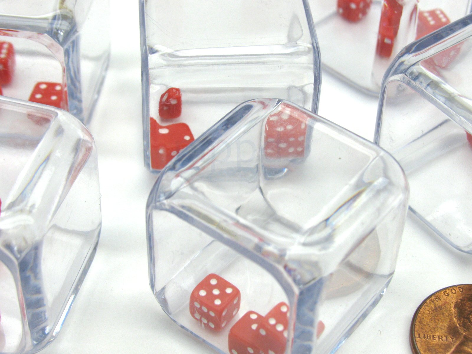 Koplow Games Pack of 6 '3 in a Cube' Dice - Three 5mm Red Tiny Dice Inside 25mm Clear Cube