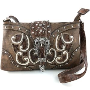 justin west floral embroidery laser cut leather turquoise stone concho rhinestone studded messenger bag purse with long crossbody strap (dark brown)