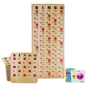 mr chips jam-proof bingo cards with sliding windows, 25 reusable bingo shutter cards, 75 bingo calling cards, 1 bingo master board in tan woodgrain style