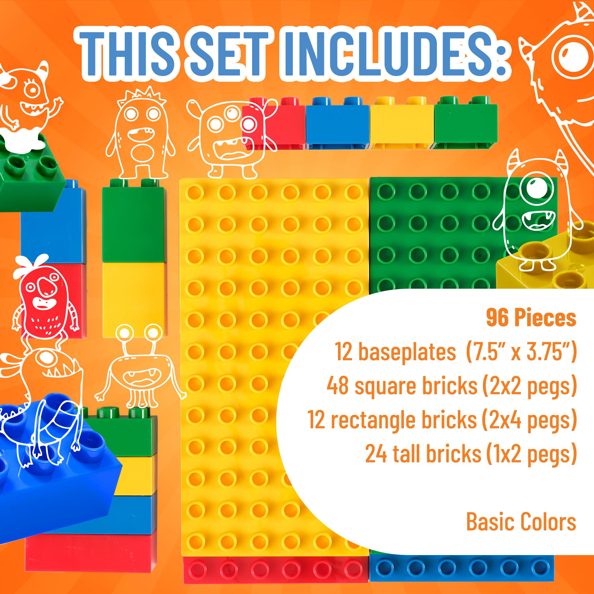 Strictly Briks Compatible with Lego Duplo Toy Building Blocks for Kids and Toddlers, Classic Big Bricks Set and Baseplates, Large Pegs for Ages 3 and Up, Basic Colors, 96 Pieces