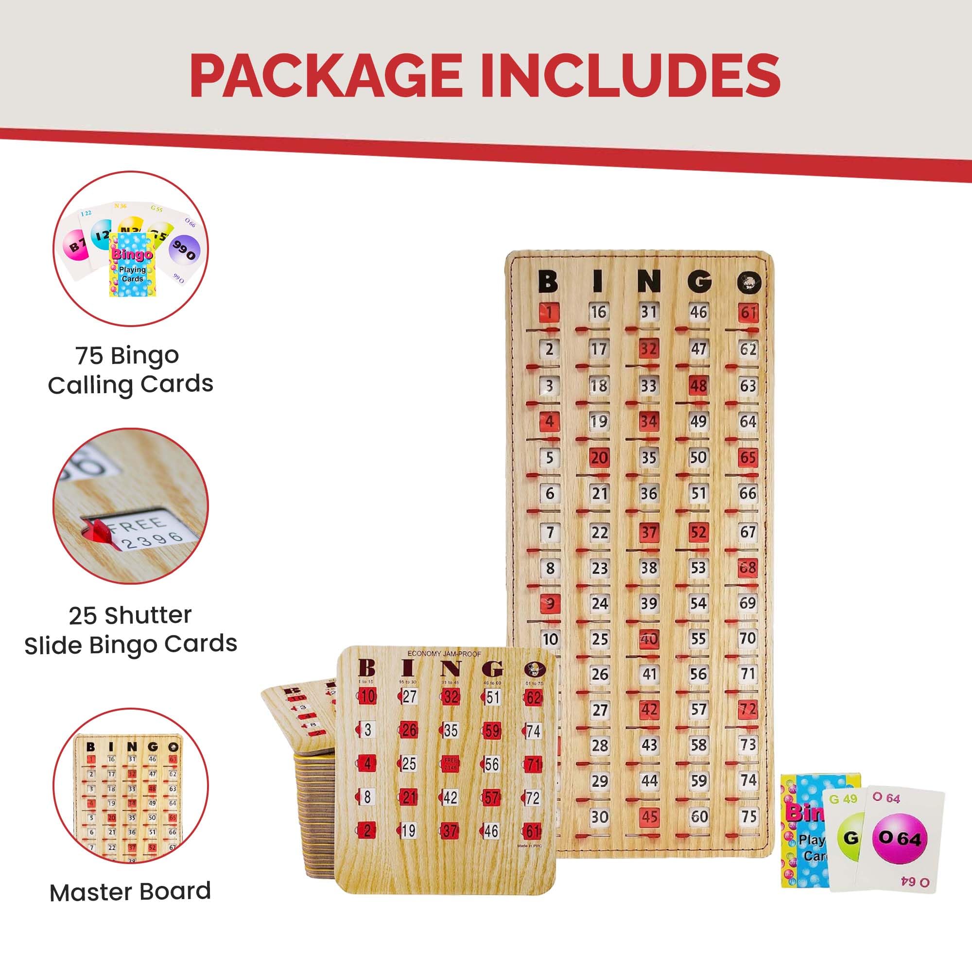 MR CHIPS Jam-Proof Bingo Cards with Sliding Windows, 25 Reusable Bingo Shutter Cards, 75 Bingo Calling Cards, 1 Bingo Master Board in Tan Woodgrain Style