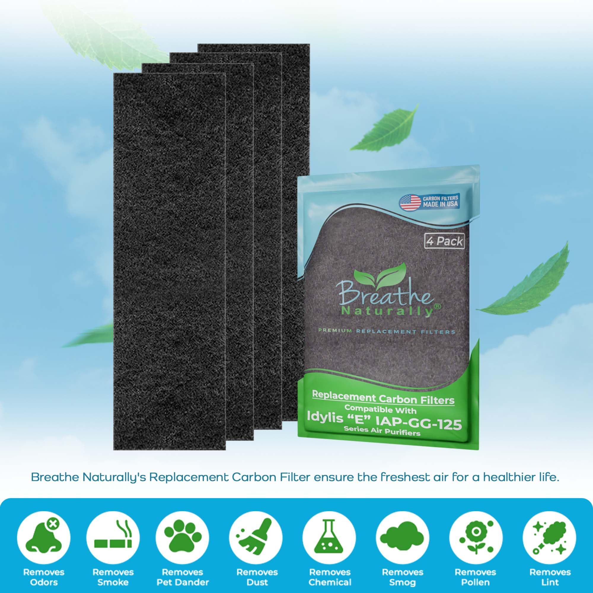 Breathe Naturally - Replacement Carbon Filter 4-Pack for Idylis IAP-GG-125, Compatible with Idylis Air Purifier Filter E, Fits Multiple Models - Plastic, Black – Made in USA, Weight - 2.39 Ounces