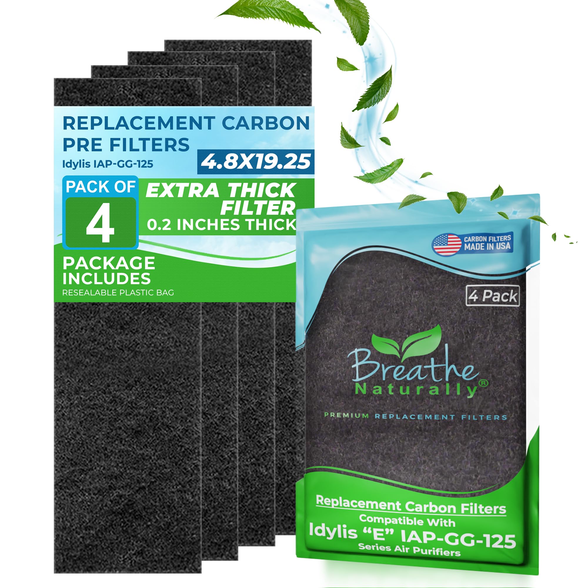 Breathe Naturally - Replacement Carbon Filter 4-Pack for Idylis IAP-GG-125, Compatible with Idylis Air Purifier Filter E, Fits Multiple Models - Plastic, Black – Made in USA, Weight - 2.39 Ounces