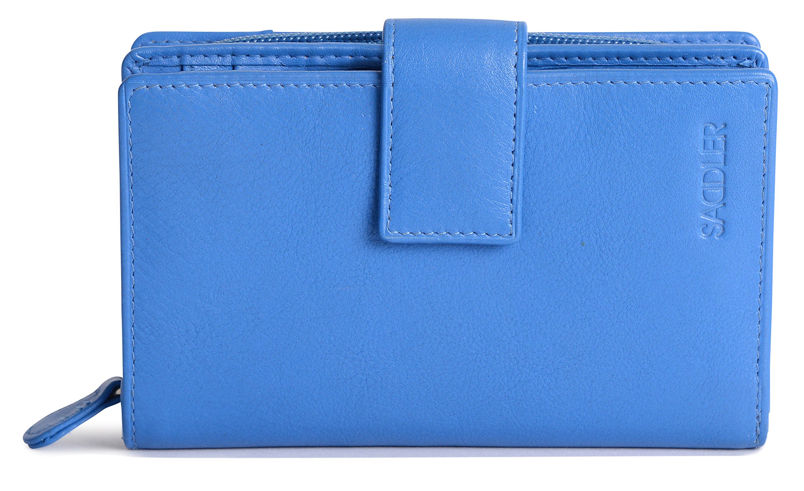 SADDLER Womens Luxurious RFID Protected Leather Large Bifold Purse Wallet with Centre Zipper Coin Purse | Ladies Designer Clutch Perfect for ID Coins Notes Debit Travel Cards | Gift Boxed - Blue