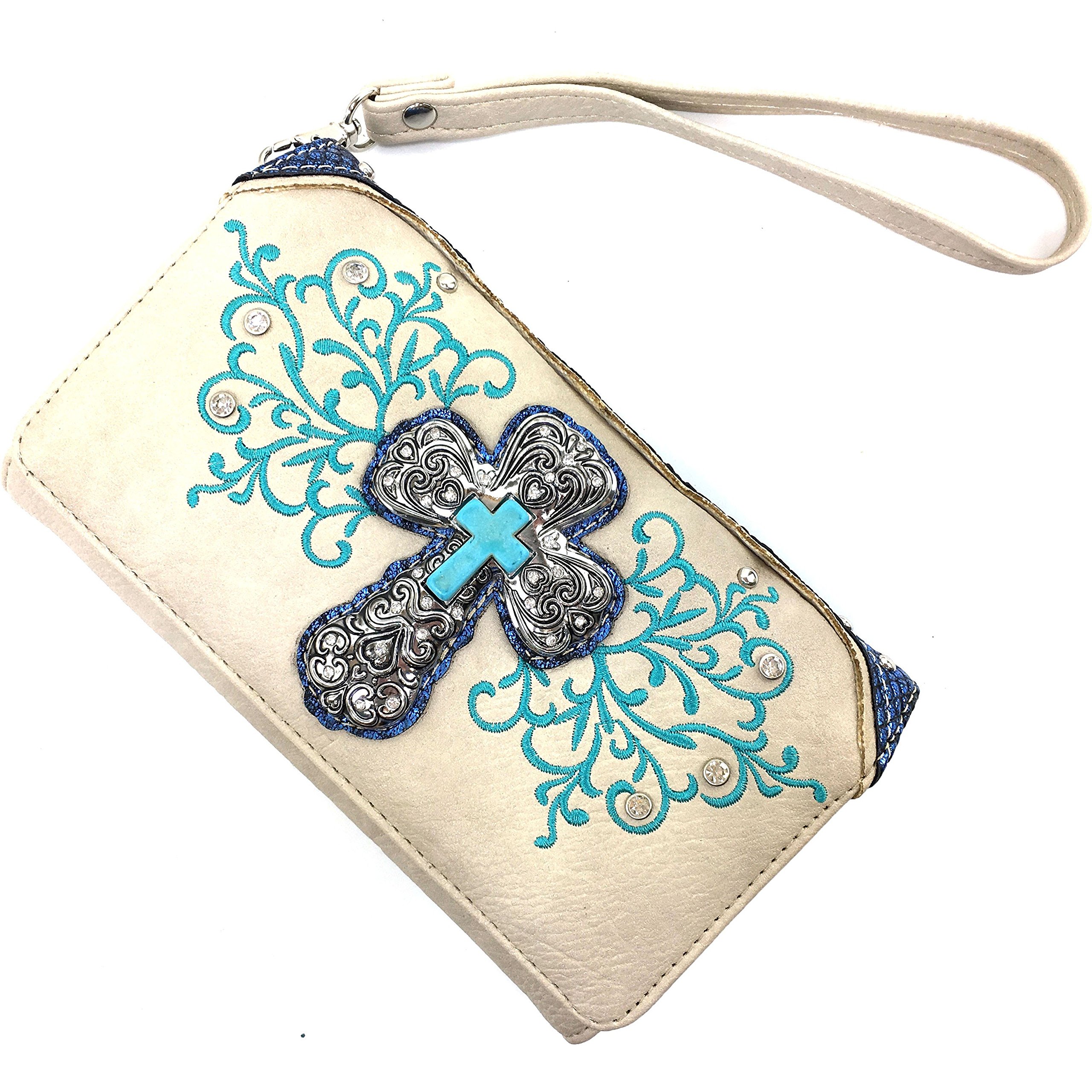 Justin West Floral Embroidery Western Rhinestone Turquoise Cross Studded Fashion Wristlet Trifold Wallet Attachable Long Strap Collection (Beige Turquoise)