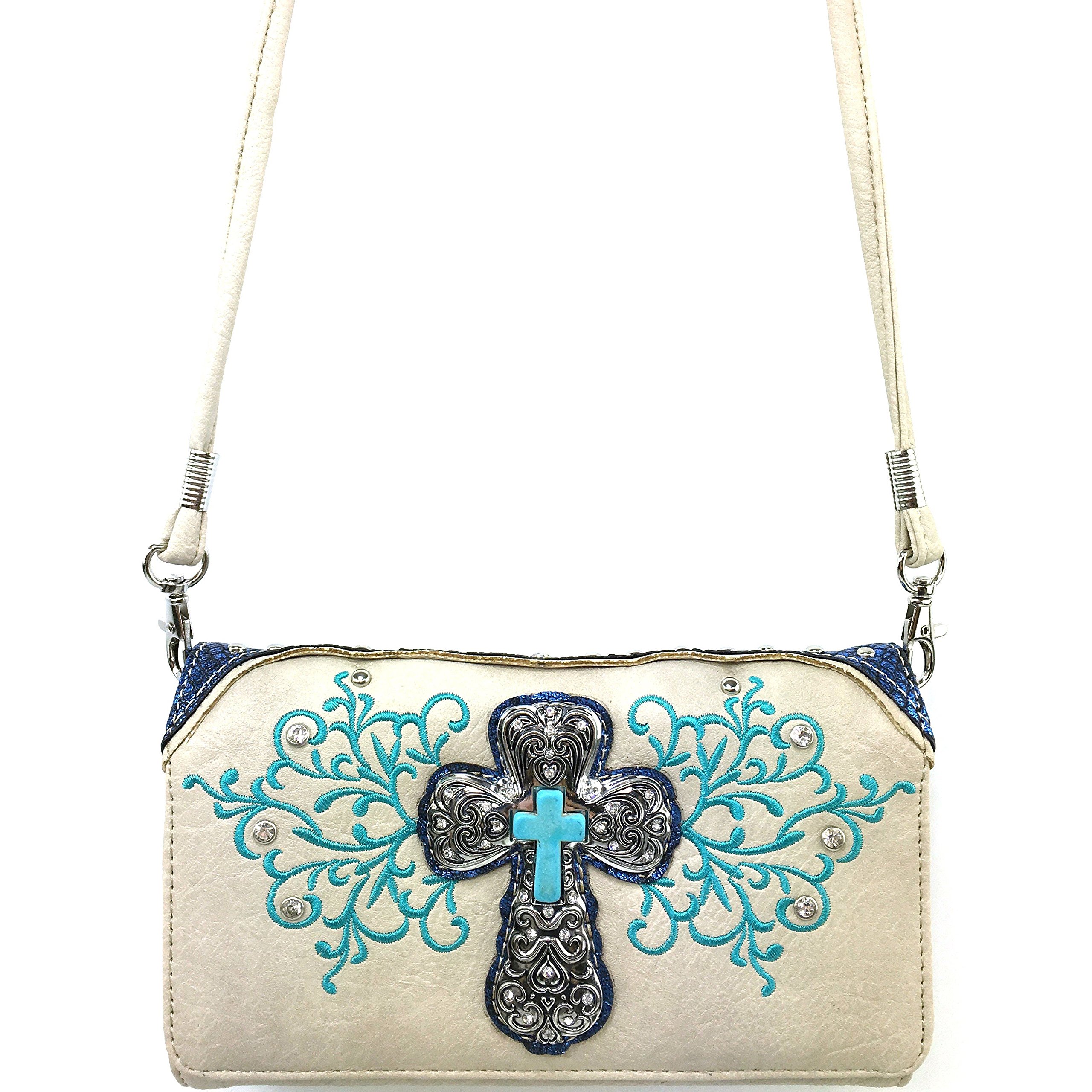 Justin West Floral Embroidery Western Rhinestone Turquoise Cross Studded Fashion Wristlet Trifold Wallet Attachable Long Strap Collection (Beige Turquoise)