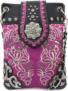 justin west floral embroidery tooled laser cut rhinestone studded buckle crossbody mini handbag phone messenger purse (purple)