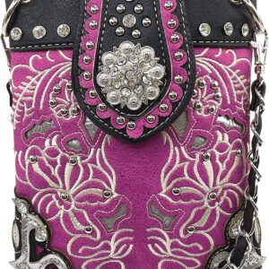 Justin West Floral Embroidery Tooled Laser Cut Rhinestone Studded Buckle CrossBody Mini Handbag Phone Messenger Purse (Purple)