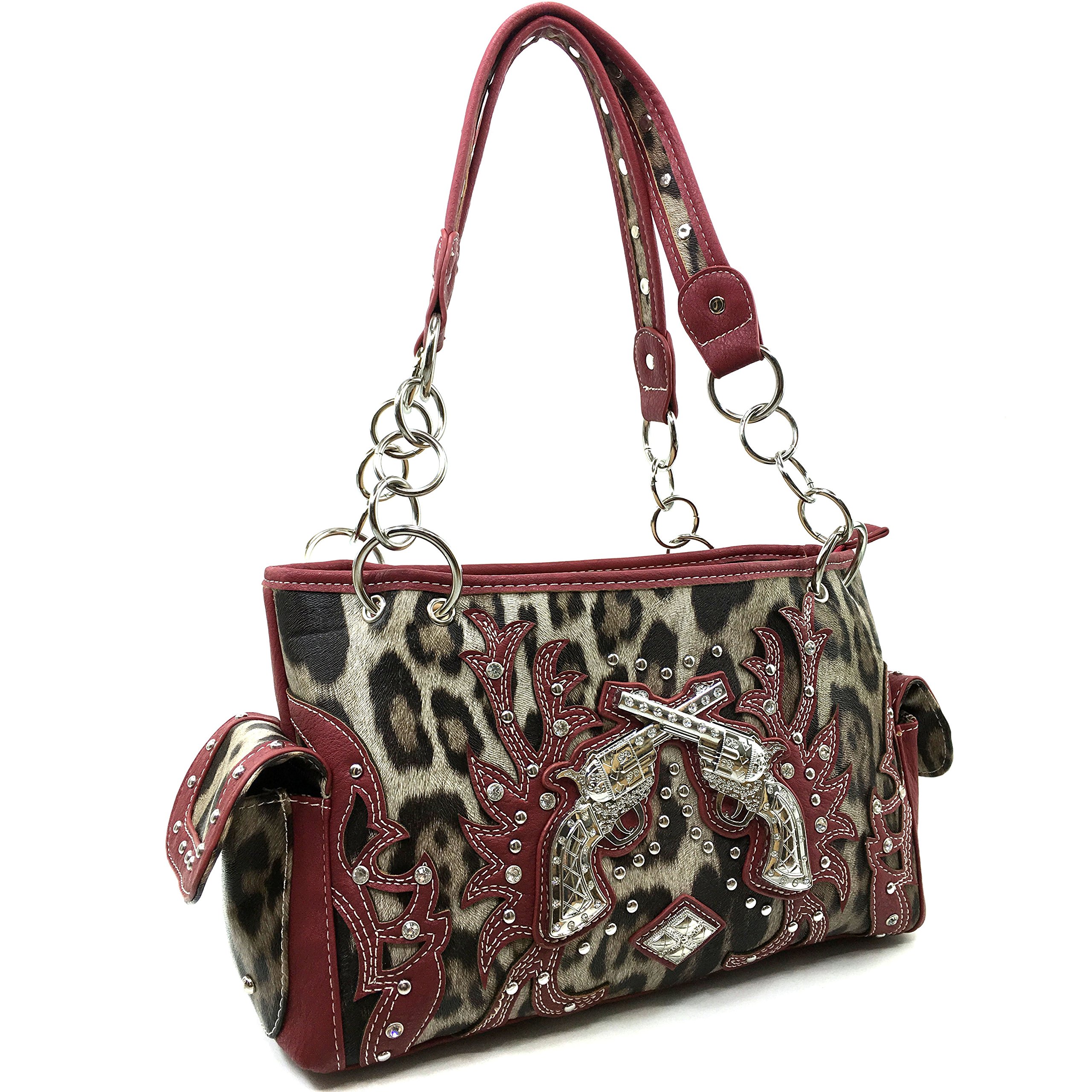 Justin West Concealed Carry Western Leopard Double Pistol Gun Chain Shoulder Handbag (Red Handbag)