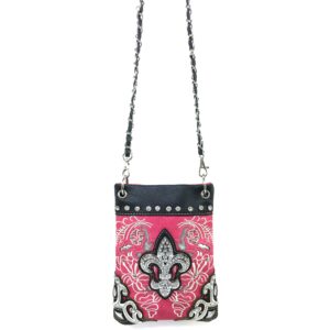 Justin West Floral Embroidery Tooled Laser Cut Rhinestone Studded Fleur De Lis CrossBody Mini Handbag Phone Messenger Purse (Hot Pink)