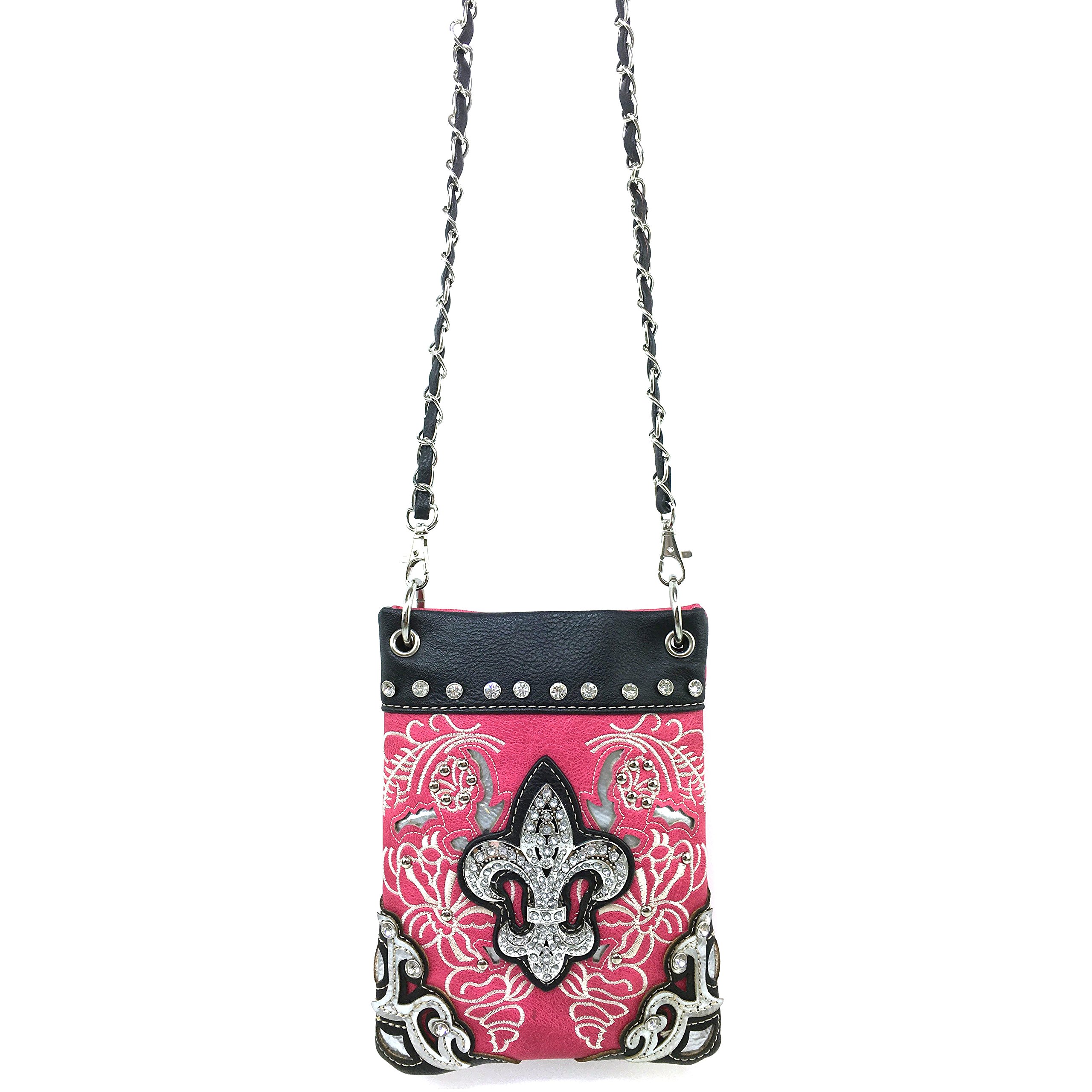 Justin West Floral Embroidery Tooled Laser Cut Rhinestone Studded Fleur De Lis CrossBody Mini Handbag Phone Messenger Purse (Hot Pink)