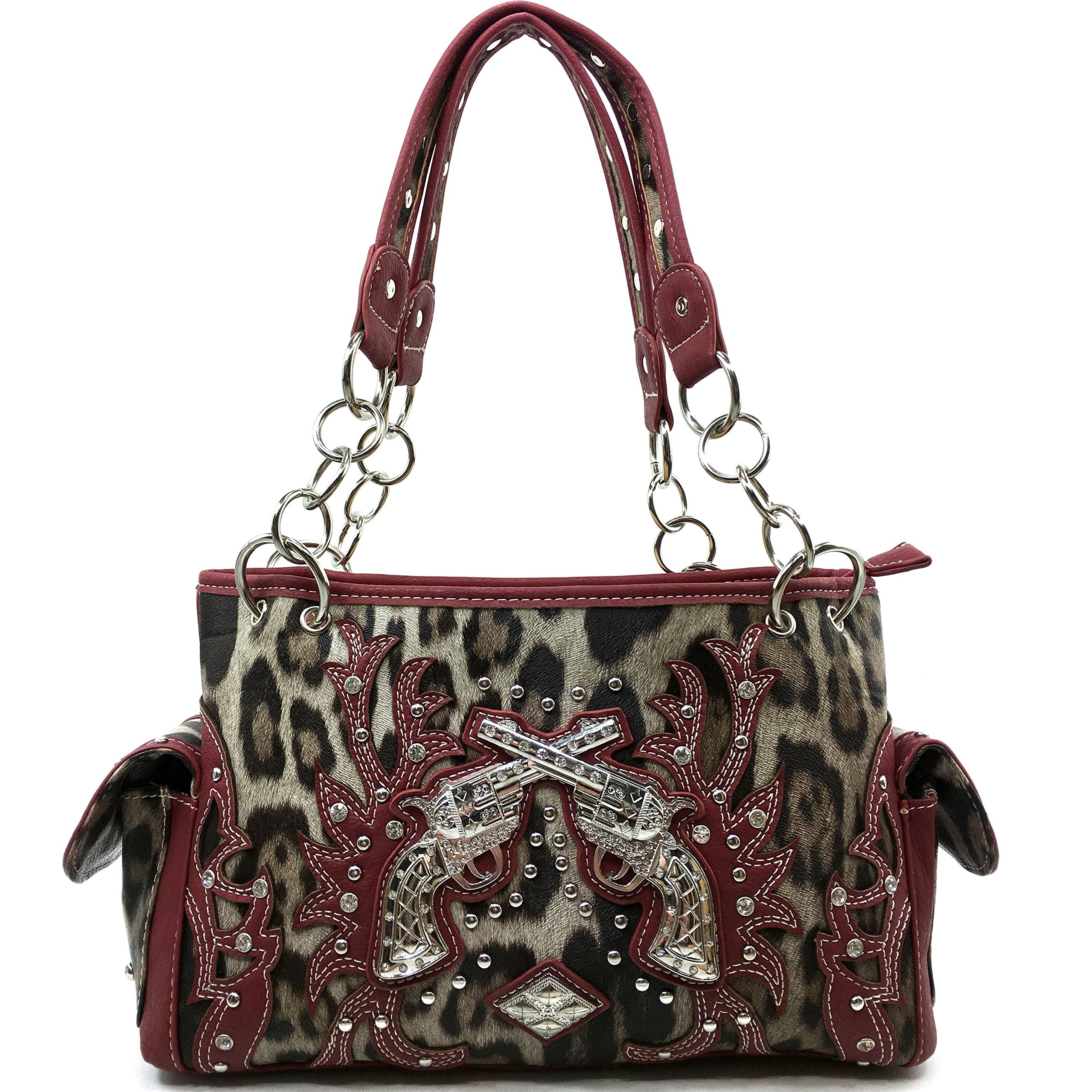 Justin West Concealed Carry Western Leopard Double Pistol Gun Chain Shoulder Handbag (Red Handbag)