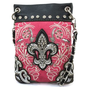 justin west floral embroidery tooled laser cut rhinestone studded fleur de lis crossbody mini handbag phone messenger purse (hot pink)