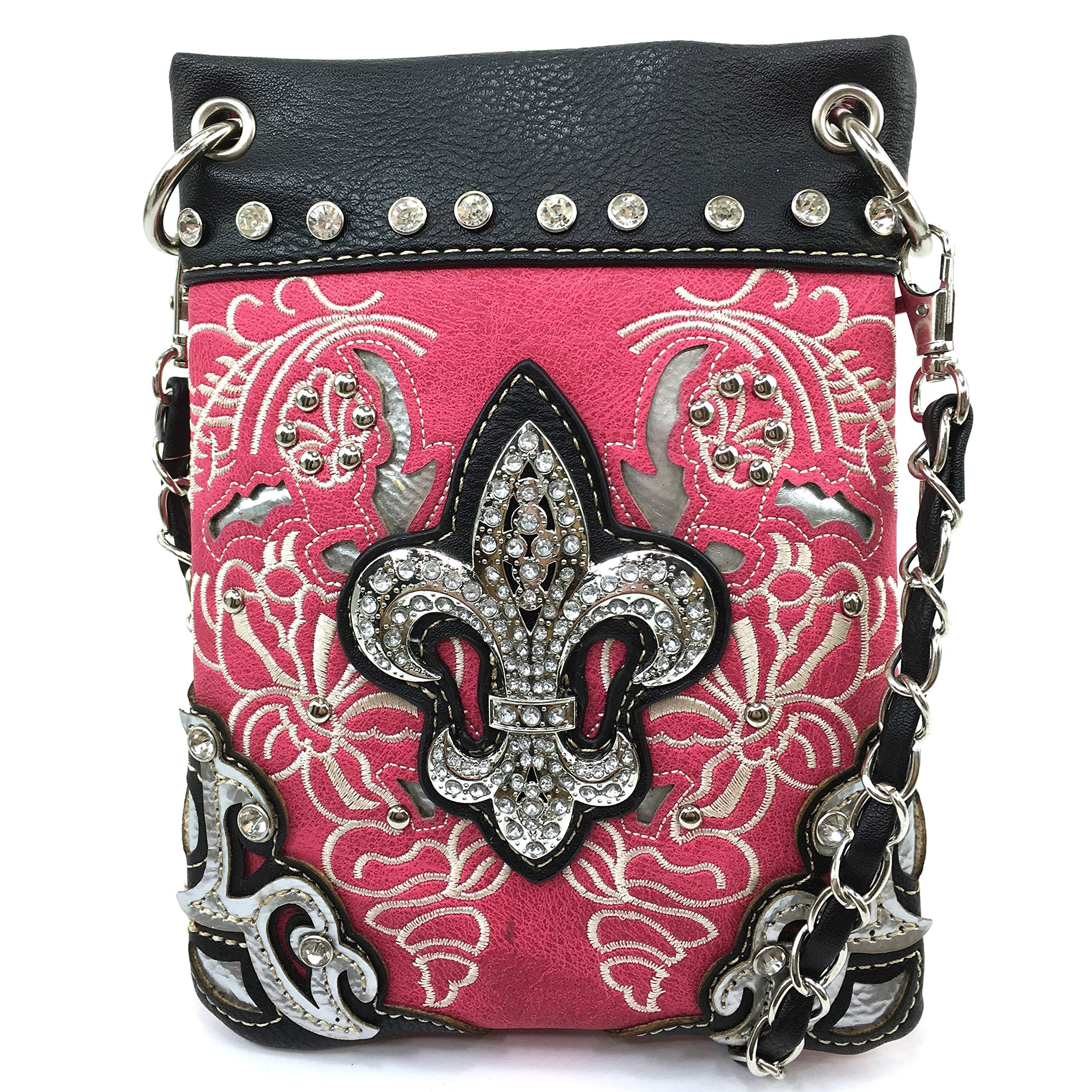 Justin West Floral Embroidery Tooled Laser Cut Rhinestone Studded Fleur De Lis CrossBody Mini Handbag Phone Messenger Purse (Hot Pink)