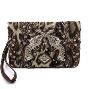 justin west double pistol gun leopard cross body messenger purse wristlet clutch handbag (brown)