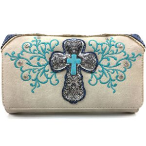 justin west floral embroidery western rhinestone turquoise cross studded fashion wristlet trifold wallet attachable long strap collection (beige turquoise)