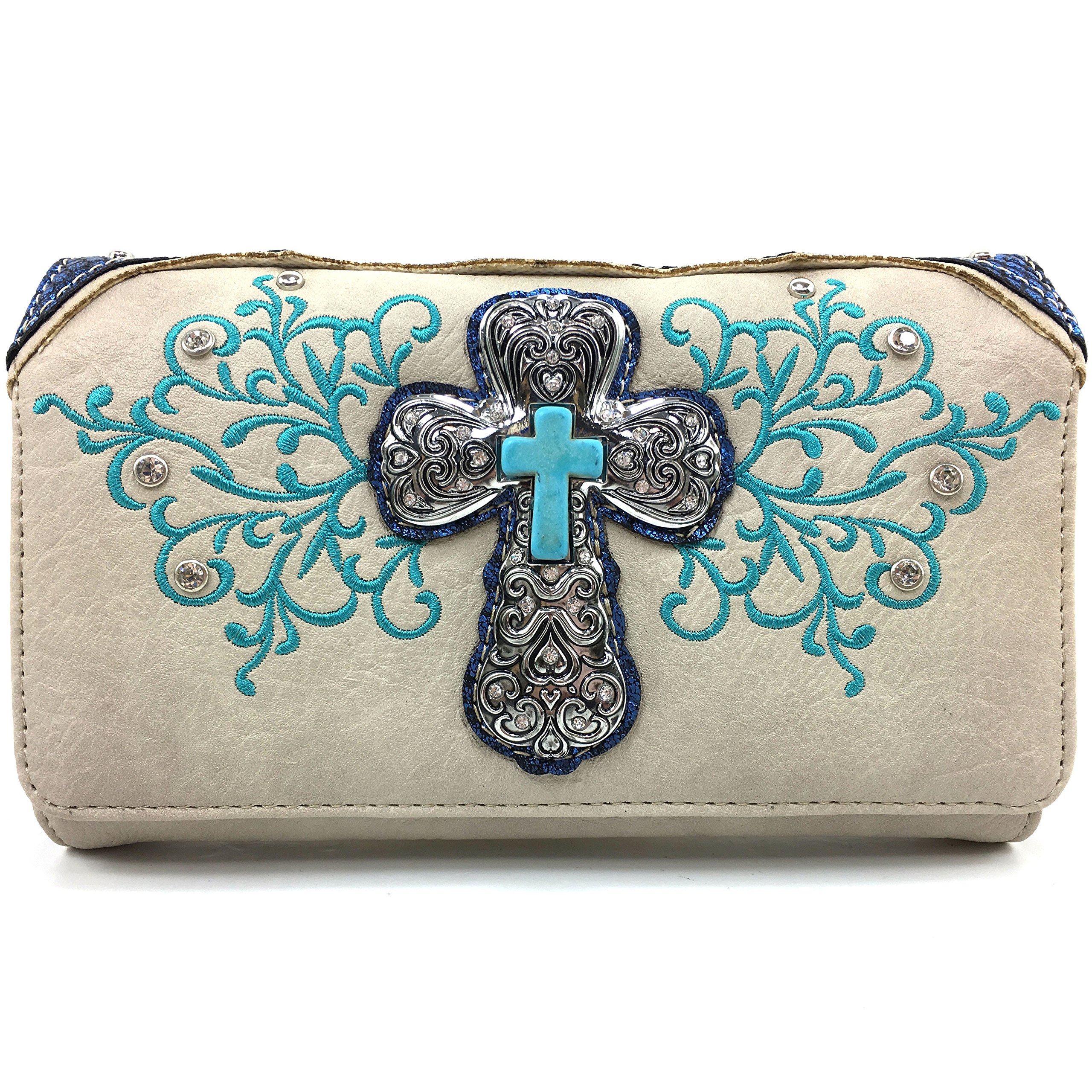 Justin West Floral Embroidery Western Rhinestone Turquoise Cross Studded Fashion Wristlet Trifold Wallet Attachable Long Strap Collection (Beige Turquoise)