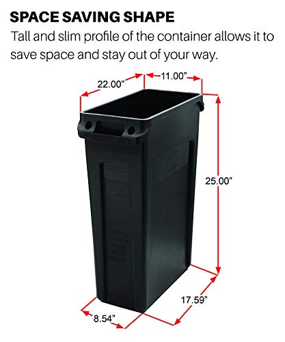 Rubbermaid Commercial Products SLIM JIM Plastic Rectangular Trash/Garbage Can/Bin with Venting Channels, 16 GAL, Gray, for Kitchens/Classrooms/Offices/Back of House