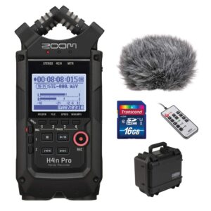 zoom h4n pro all black 4-track portable recorder (2020 model) with windscreen, mic attenuator cable, 16gb memory card & remote control bundle