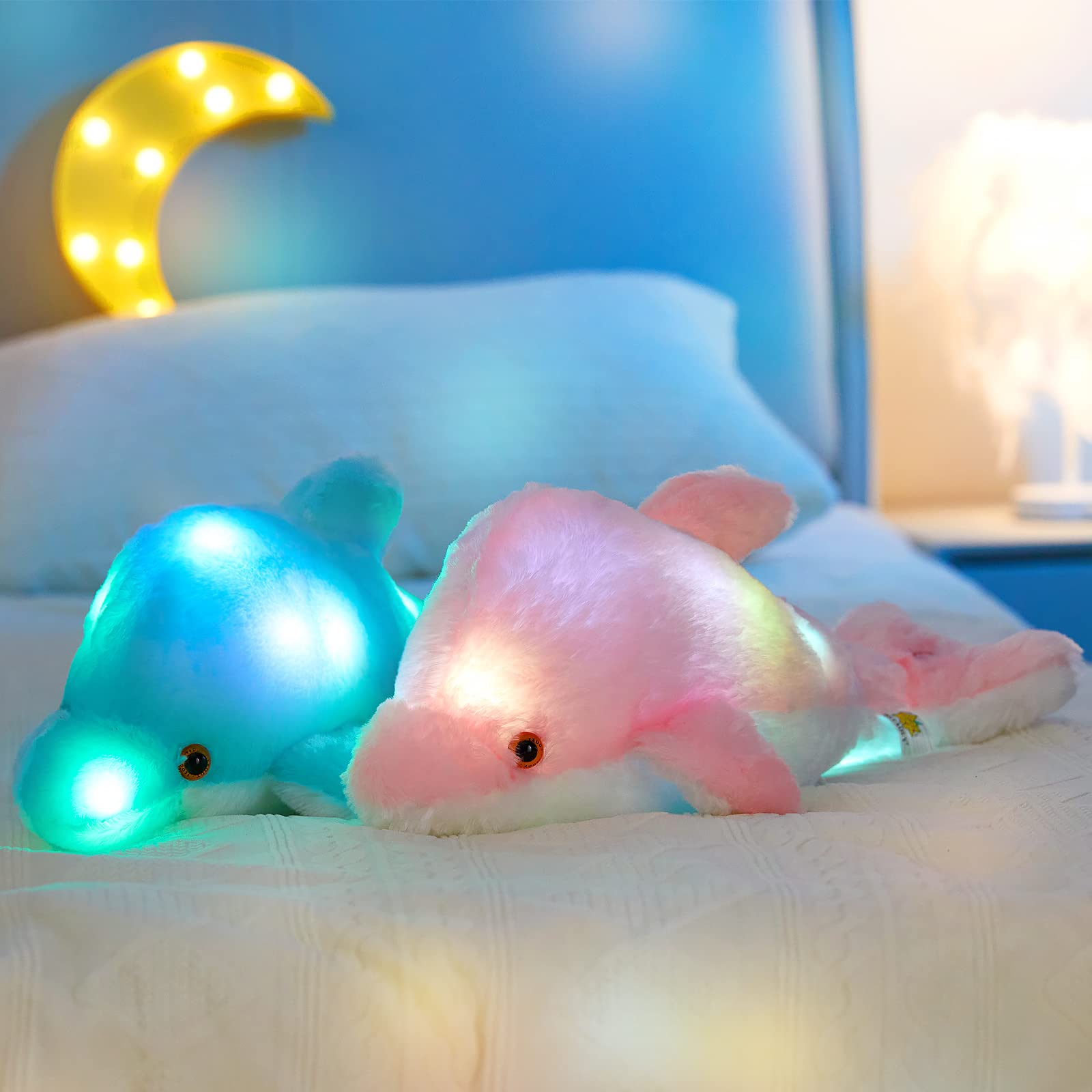 BSTAOFY 18'' Light up Dolphin Stuffed Animal Night Light Colorful Glowing Dolphin Soft LED Plush Toys Gift for Kids on Valentines Christmas Birthday Festivals, Blue