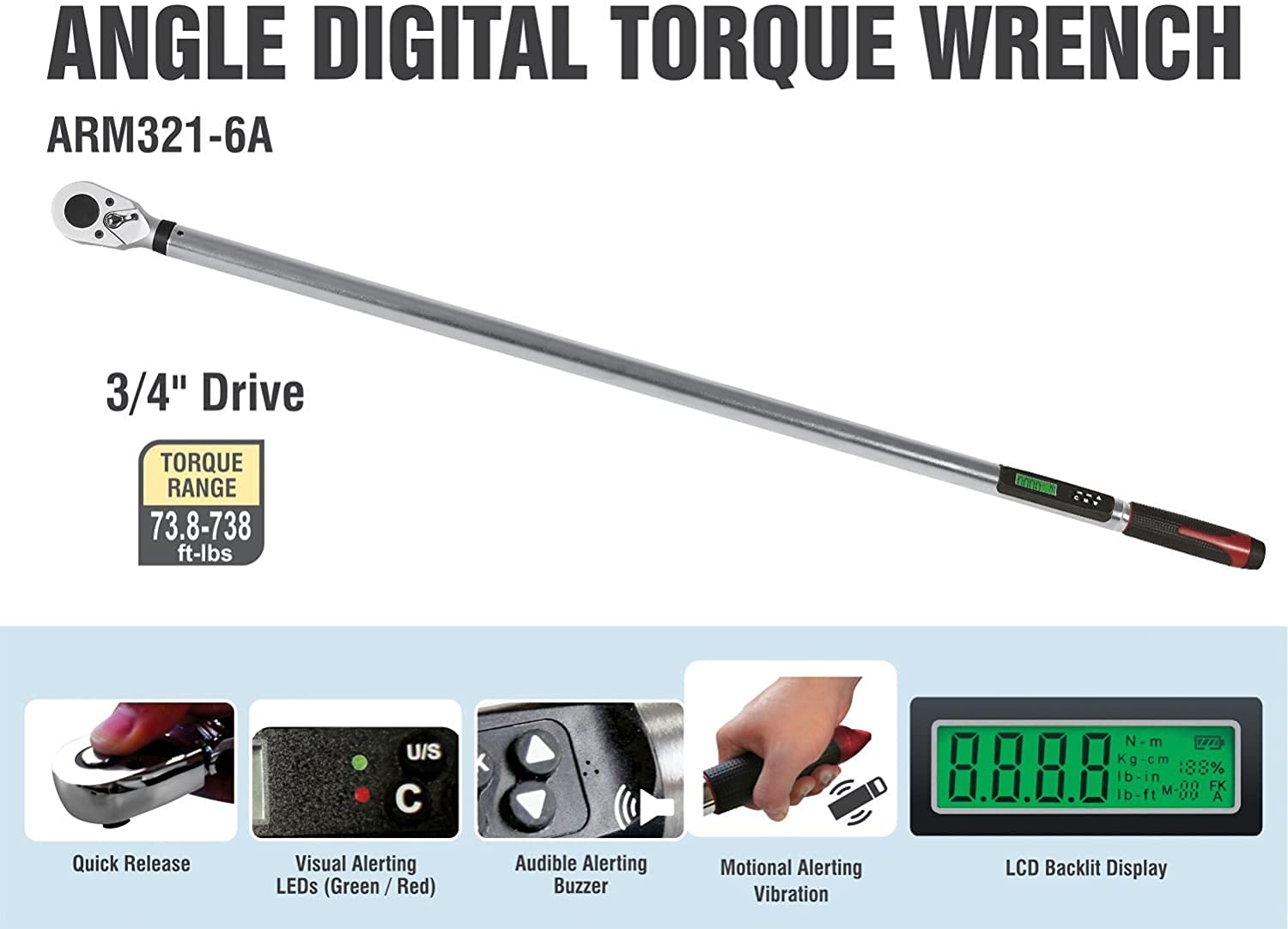 ACDelco Tools ARM321-6A 3/4" Heavy Duty Torque Wrench with LED Flash Notification - ISO 6001 Standards with Certificate of Calibration