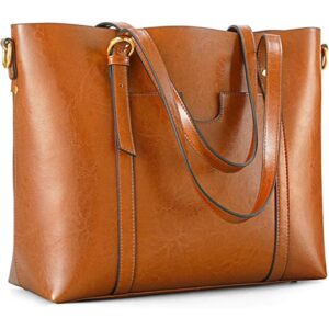 kattee genuine leather women tote bag soft handbags vintage shoulder purses fashion top handle bag large capacity (brown)