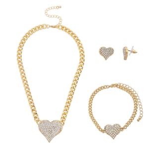 lux accessories goldtone bling heart chain earring bracelet necklace set (3pcs)