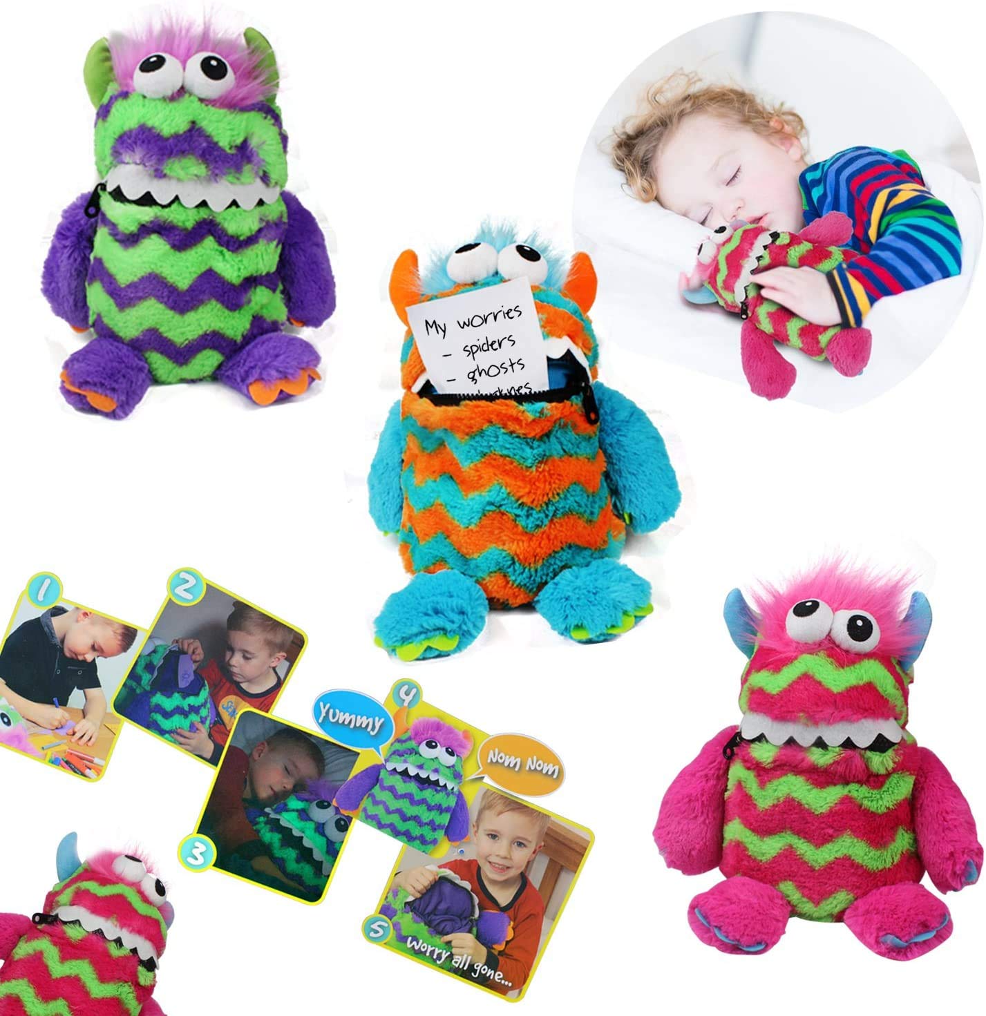 Worry Monster Soft Plush Toy Pink and Green Childrens Write Down Your Worries Cuddly Toy Gosh! Designs 9”