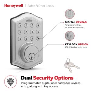 Honeywell Safes & Door Locks - Keyless Entry Door Lock with Smart Electronic Keypad Deadbolt - Easy Installation & 50 Different User Pin Codes - Auto Lock - Satin Nickel - 2.9 x 2 x 6.2 in - 8712309