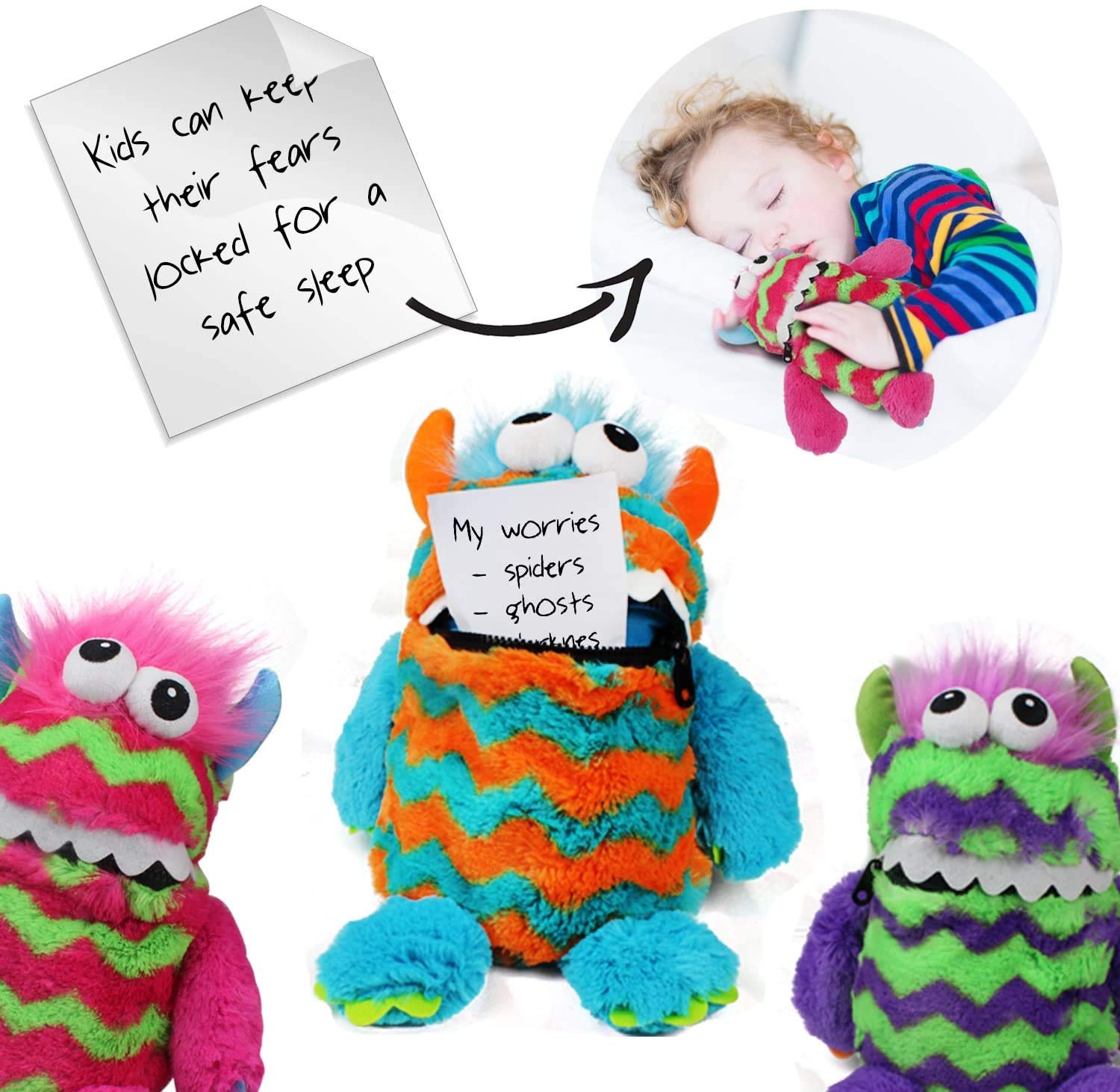 Worry Monster Soft Plush Toy Pink and Green Childrens Write Down Your Worries Cuddly Toy Gosh! Designs 9”