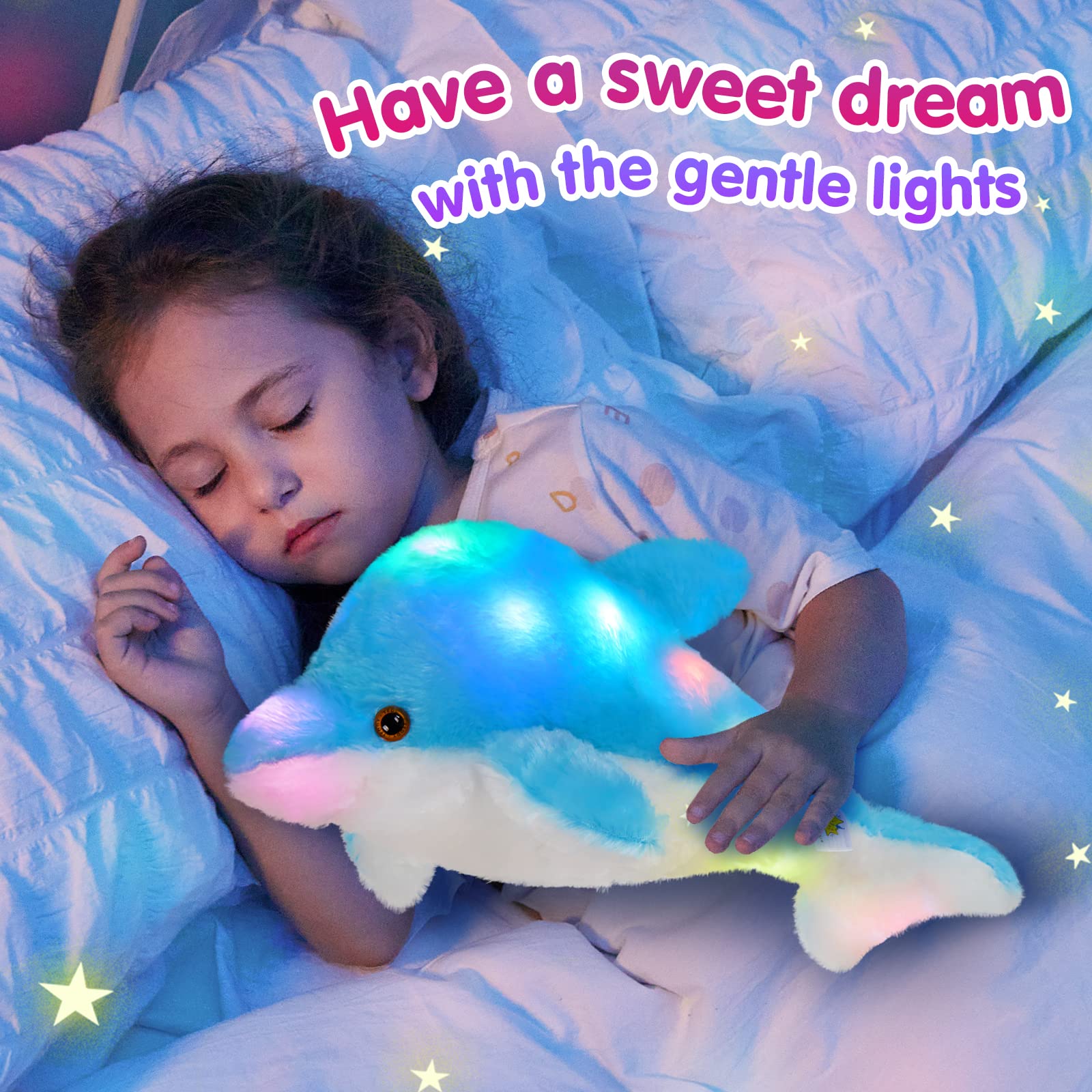 BSTAOFY 18'' Light up Dolphin Stuffed Animal Night Light Colorful Glowing Dolphin Soft LED Plush Toys Gift for Kids on Valentines Christmas Birthday Festivals, Blue