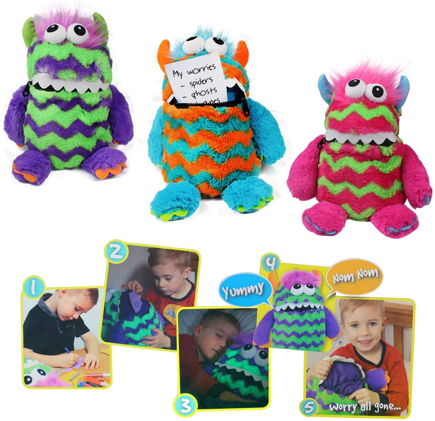 Worry Monster Soft Plush Toy Pink and Green Childrens Write Down Your Worries Cuddly Toy Gosh! Designs 9”