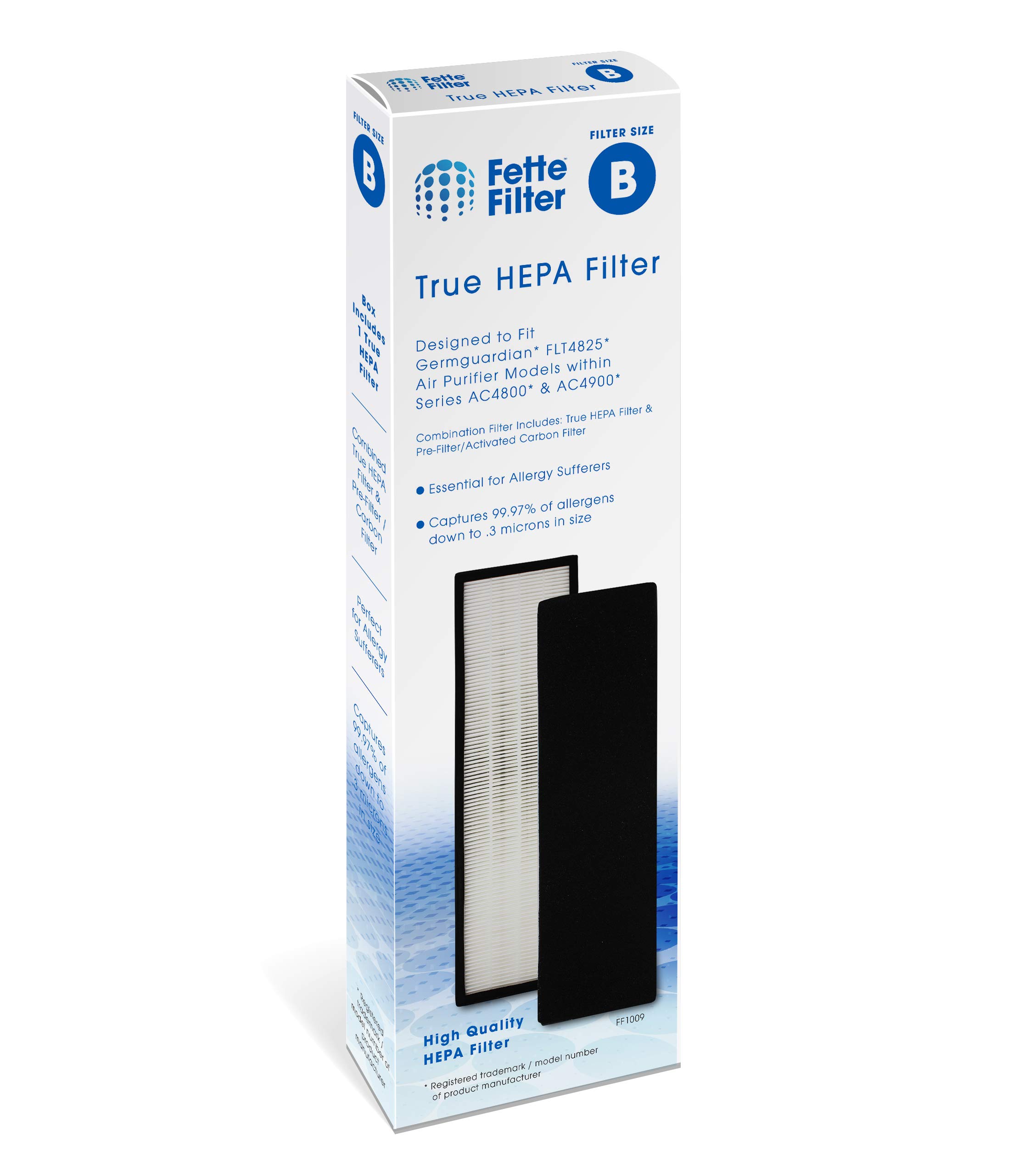 Fette Filter - FLT4825 Premium True HEPA H13 Filter B Compatible with GermGuardian Air Purifier AC4825 Series AC4300BPTCA AC4850PT AC4900CA CDAP4500BCA Oransi Finn Black & Decker BXAP148 1-Pack