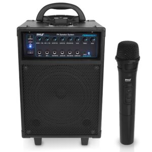 pyle wireless portable pa speaker system - 600w bluetooth compatible rechargeable battery powered outdoor stereo speaker microphone set w/ 30-pin ipod dock, - 1/4" to aux rca cable - pyle pwma930ibt