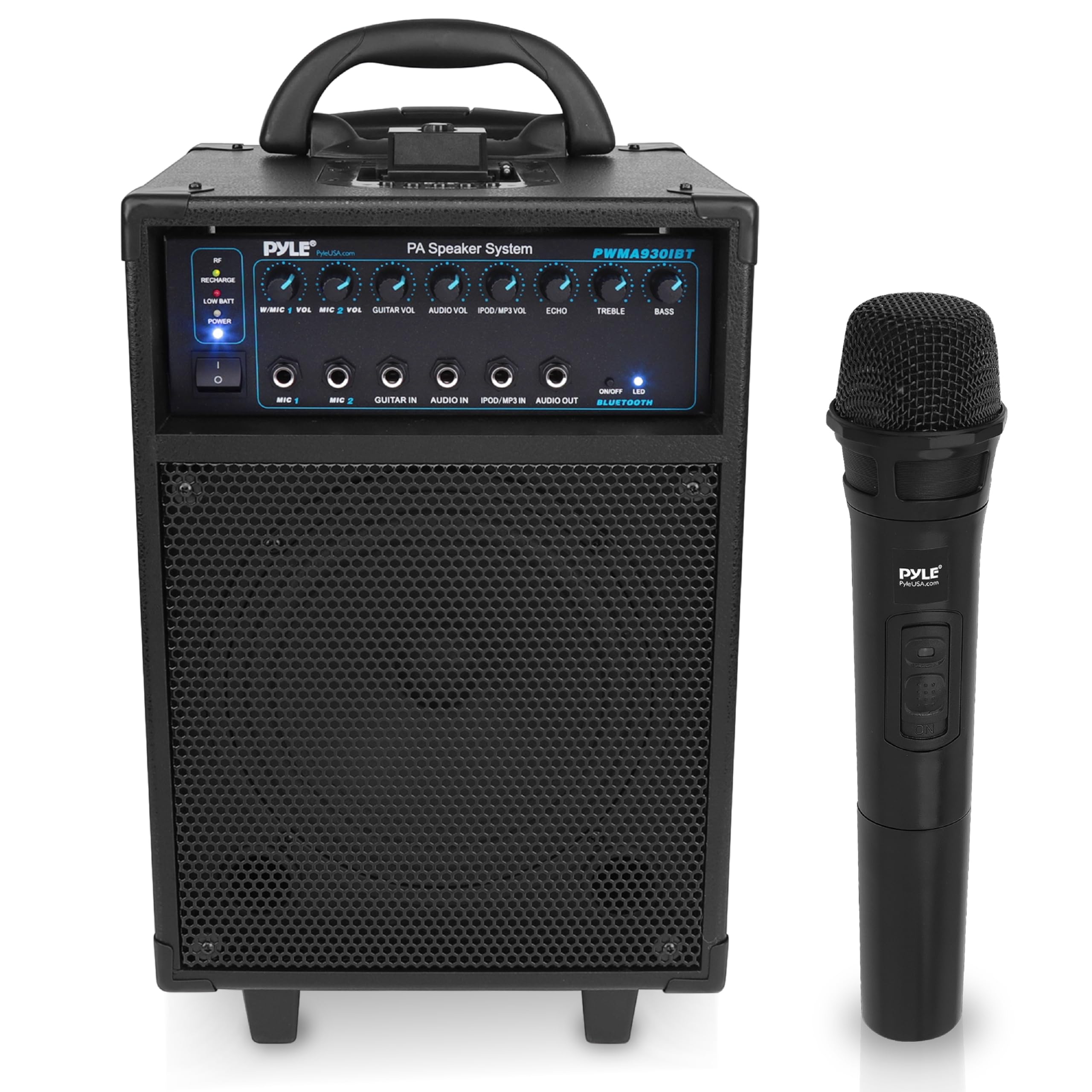 Pyle Wireless Portable PA Speaker System - 600W Bluetooth Compatible Rechargeable Battery Powered Outdoor Stereo Speaker Microphone Set w/ 30-Pin iPod Dock, - 1/4" to AUX RCA Cable - Pyle PWMA930IBT